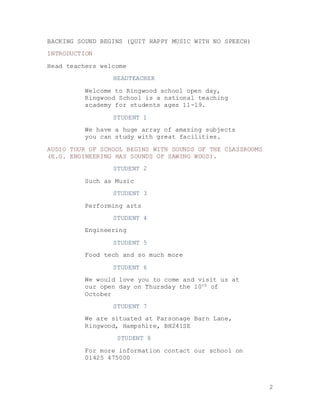 Ringwood school open day radio advert script | DOCX