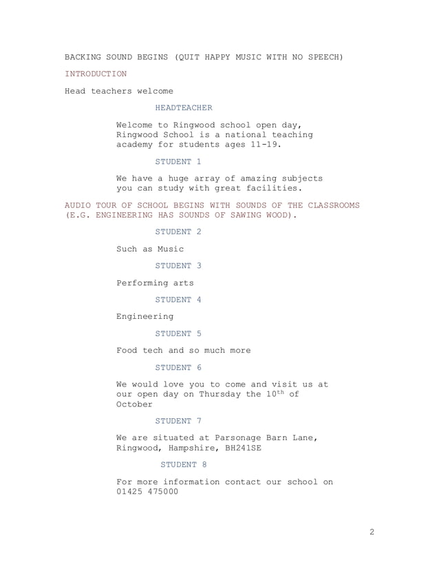 Ringwood school open day radio advert script | DOCX | Music | Entertainment