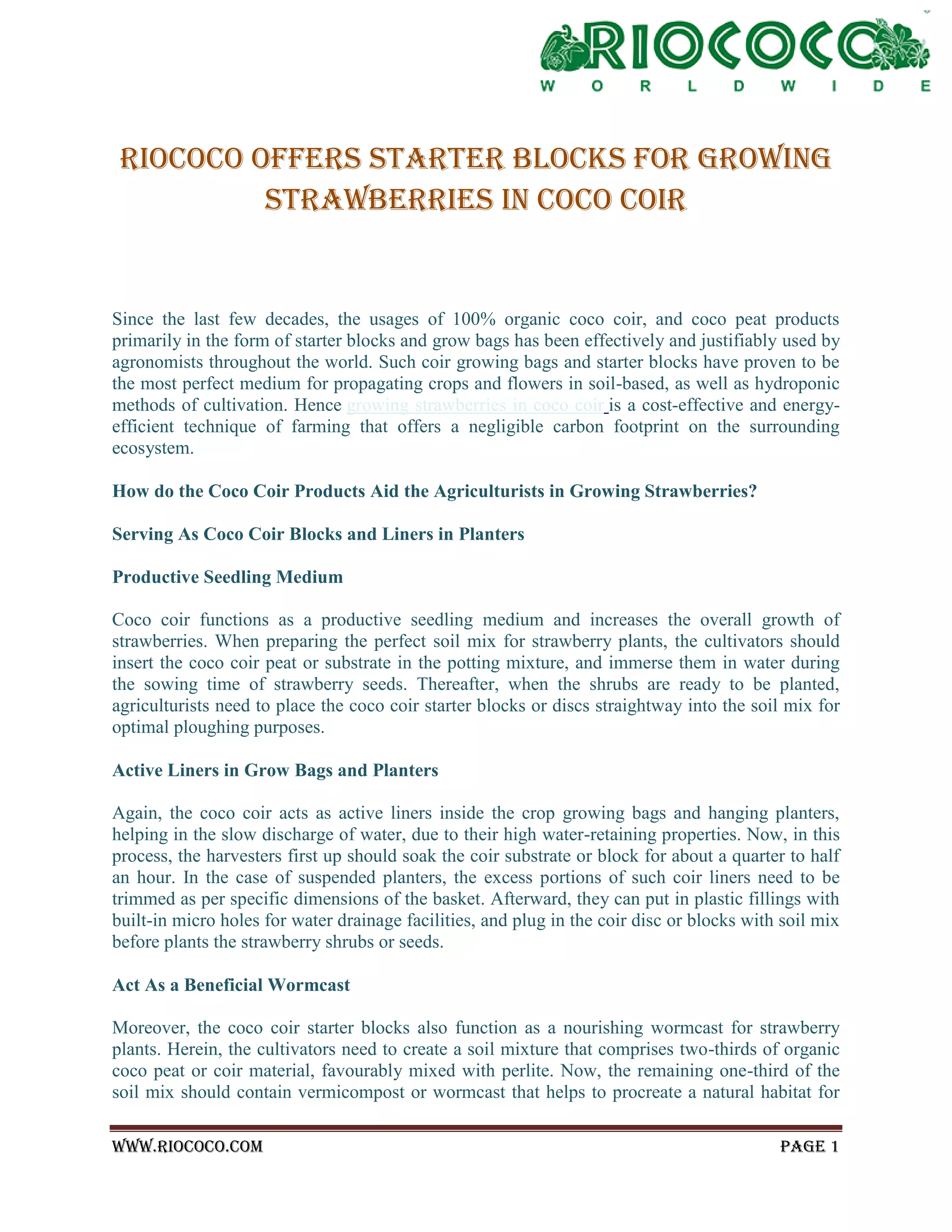 RIOCOCO offers starter blocks for growing strawberries in coco coir | PDF