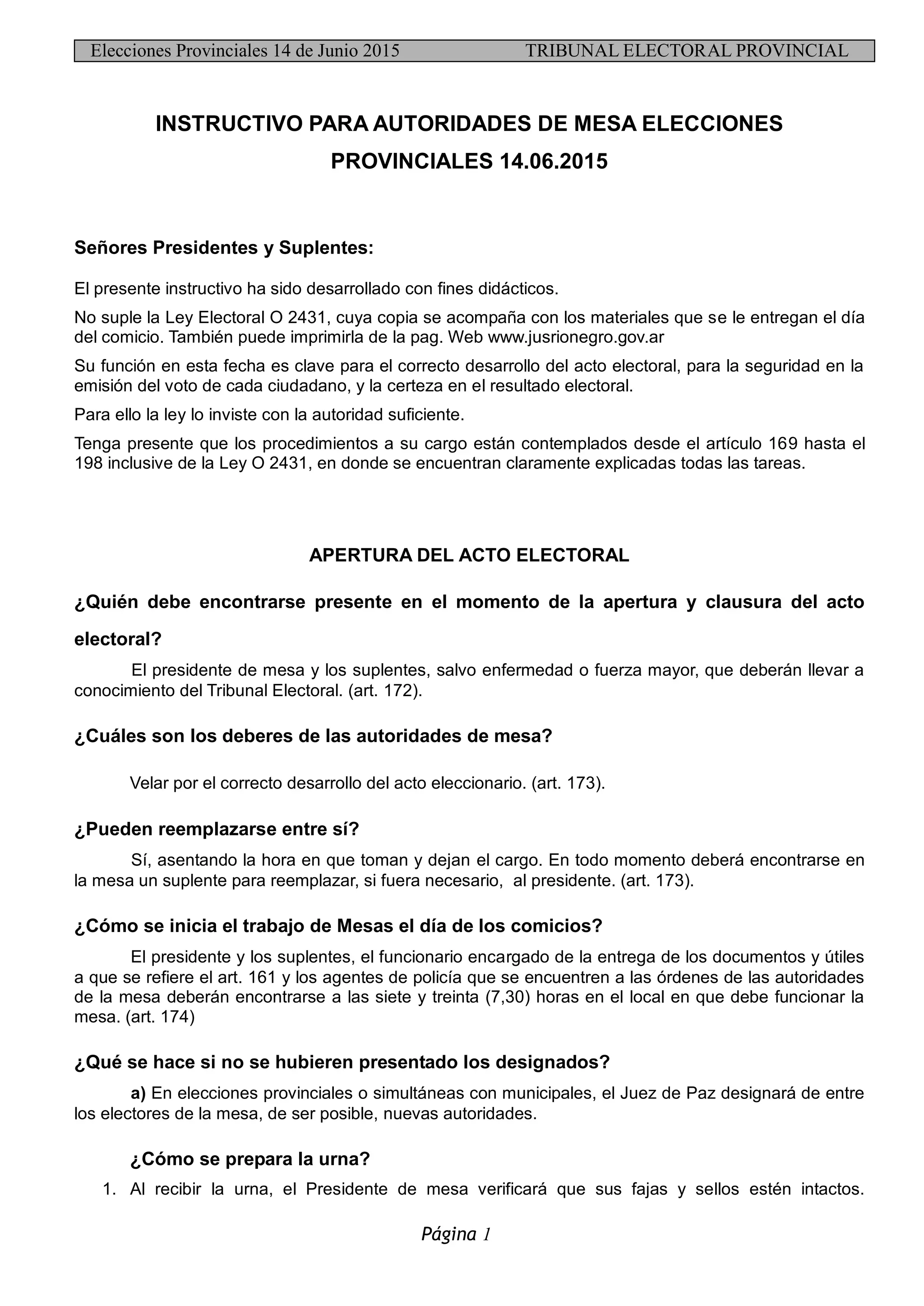 Rio Negro Instructivo Para Presidentes De Mesa Elecciones 14 06 2015 Pdf