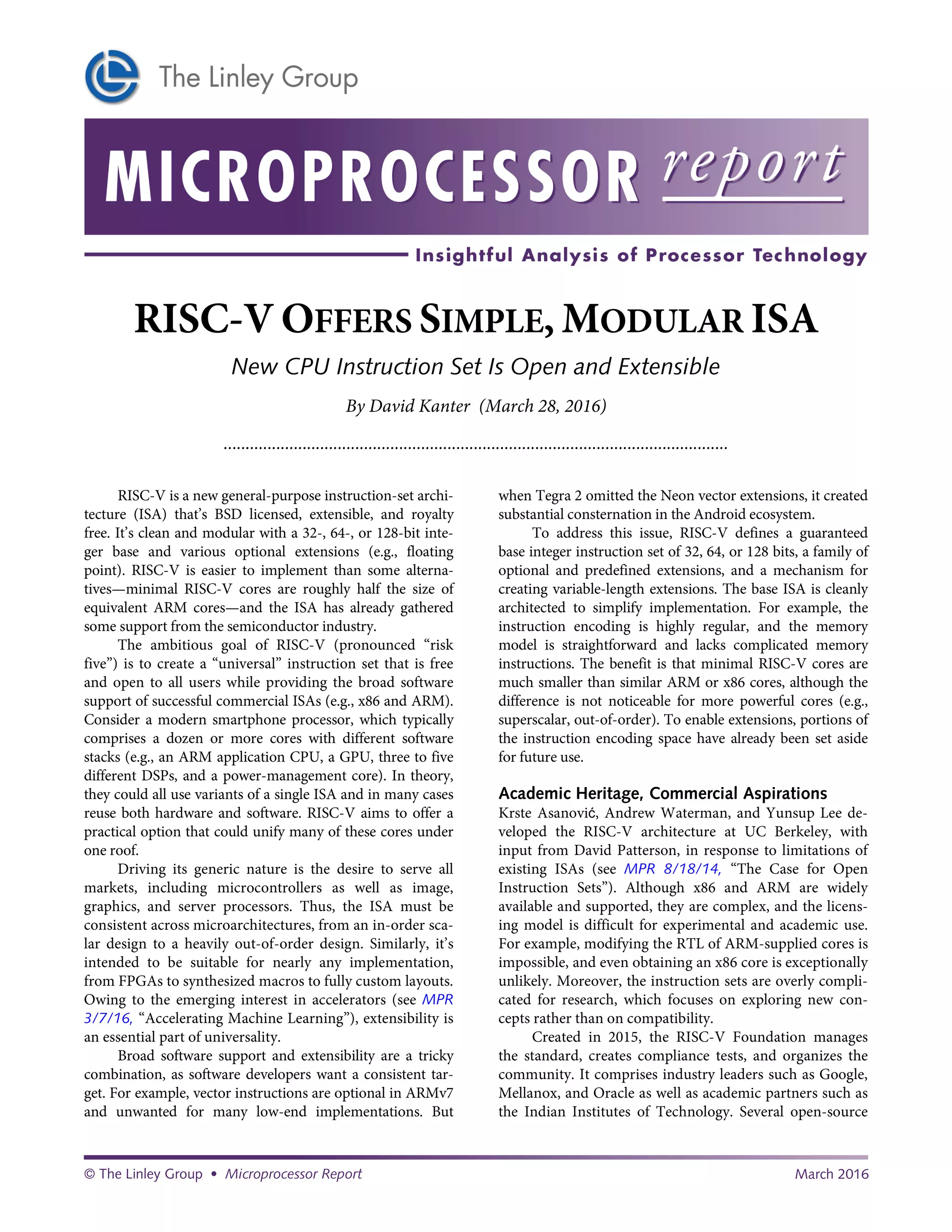 RISC-V offers simple, modular ISA : Notes | PDF
