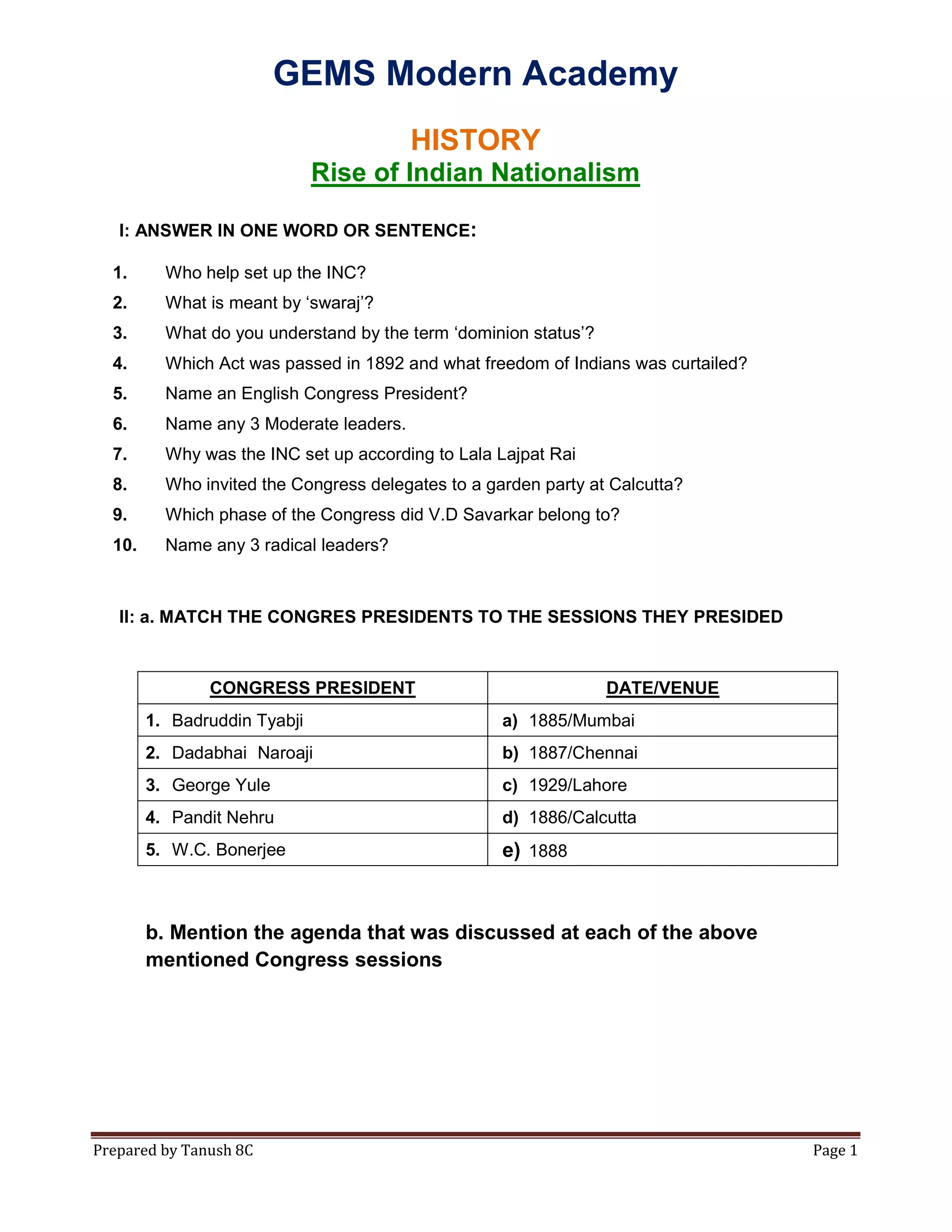 Rise of indian nationalism GREAT FOR STUDENTS OF GRADE 9 WORKSHEET AND ...