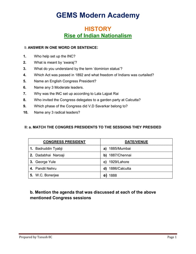 Rise of indian nationalism GREAT FOR STUDENTS OF GRADE 9 WORKSHEET AND ...