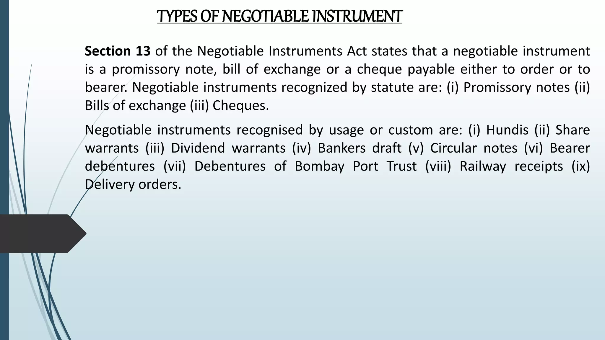 Various types of Negotiable Instruments | PPTX | Credit Cards | Personal Debt