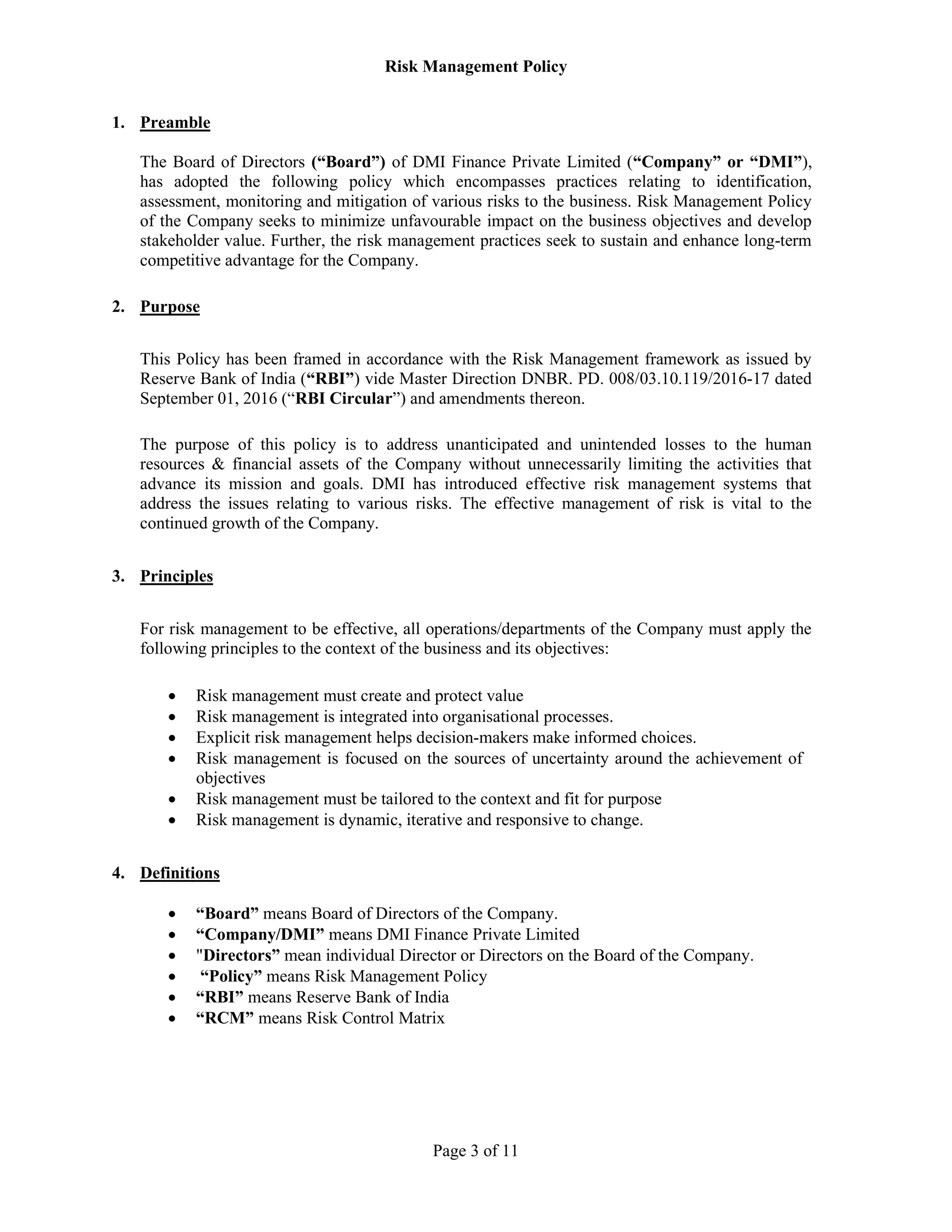 DMI Finance - Risk management policy | PDF