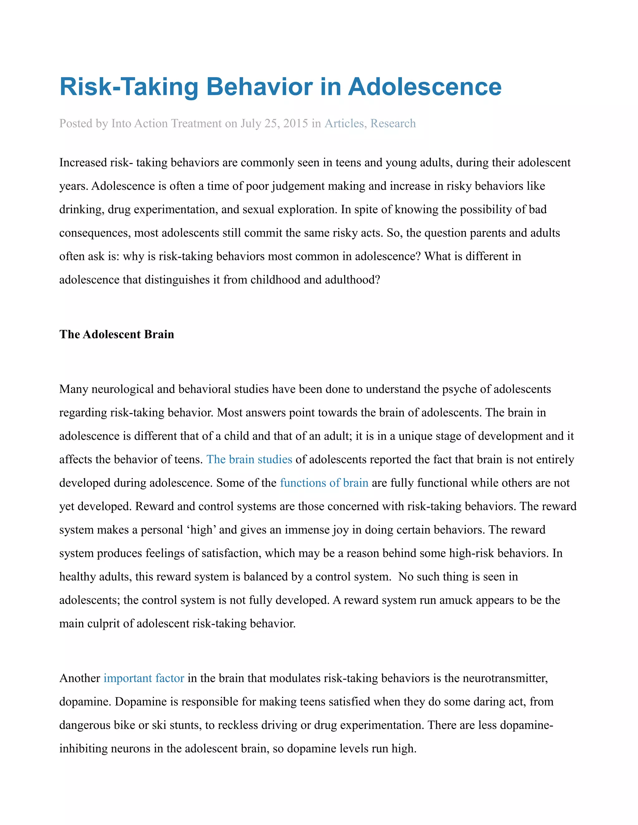 Risk taking behavior in adolescence | PDF