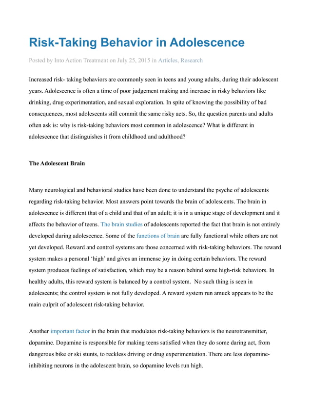 Risk taking behavior in adolescence | PDF | Brain and Nervous System Disorders | Diseases and ...