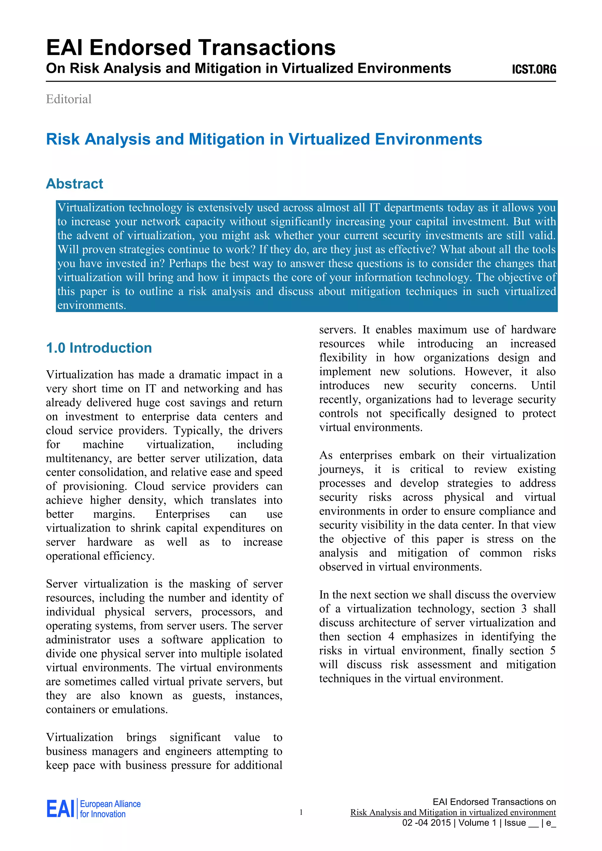 Risk Analysis and Mitigation in Virtualized Environments | PDF | Cloud Computing | Internet