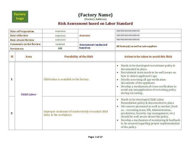 Risk Assessment based on Labor Standard