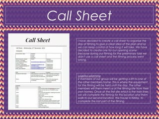 Risk assesment and call sheet | PPT