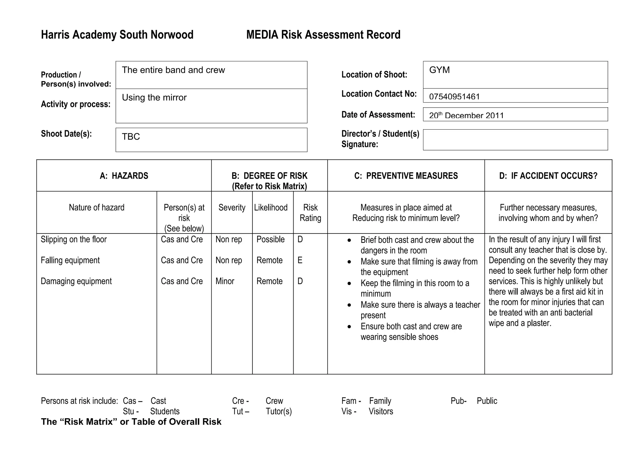 Risk assesment for gym | DOC