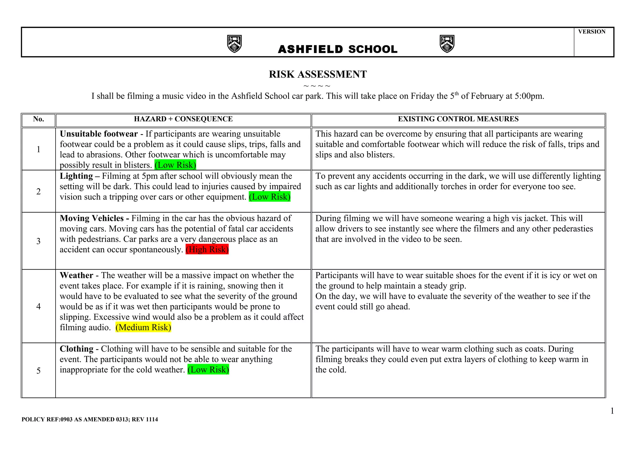 Risk assesment for Car Park | DOC