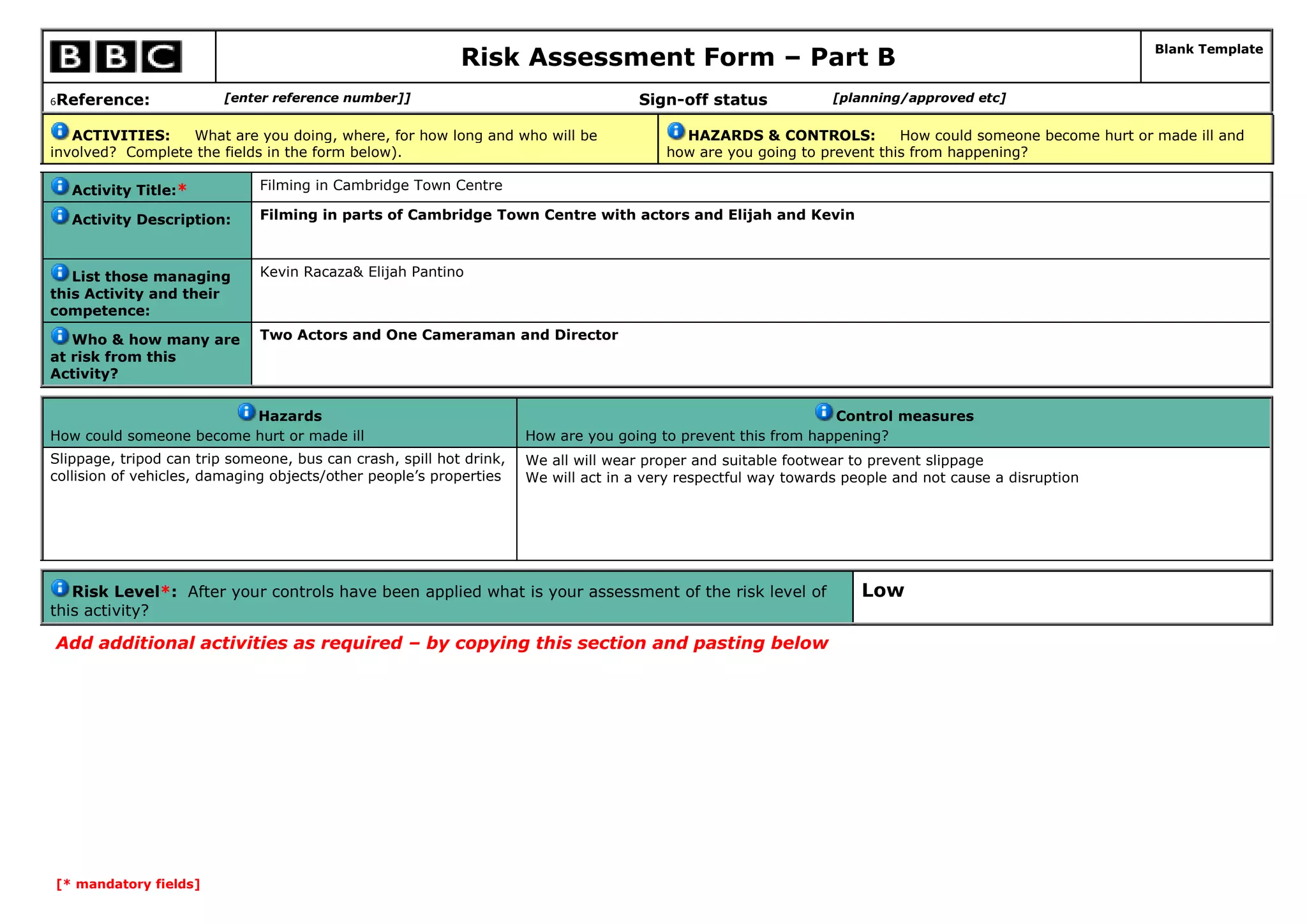 Risk assessment - music video | DOCX
