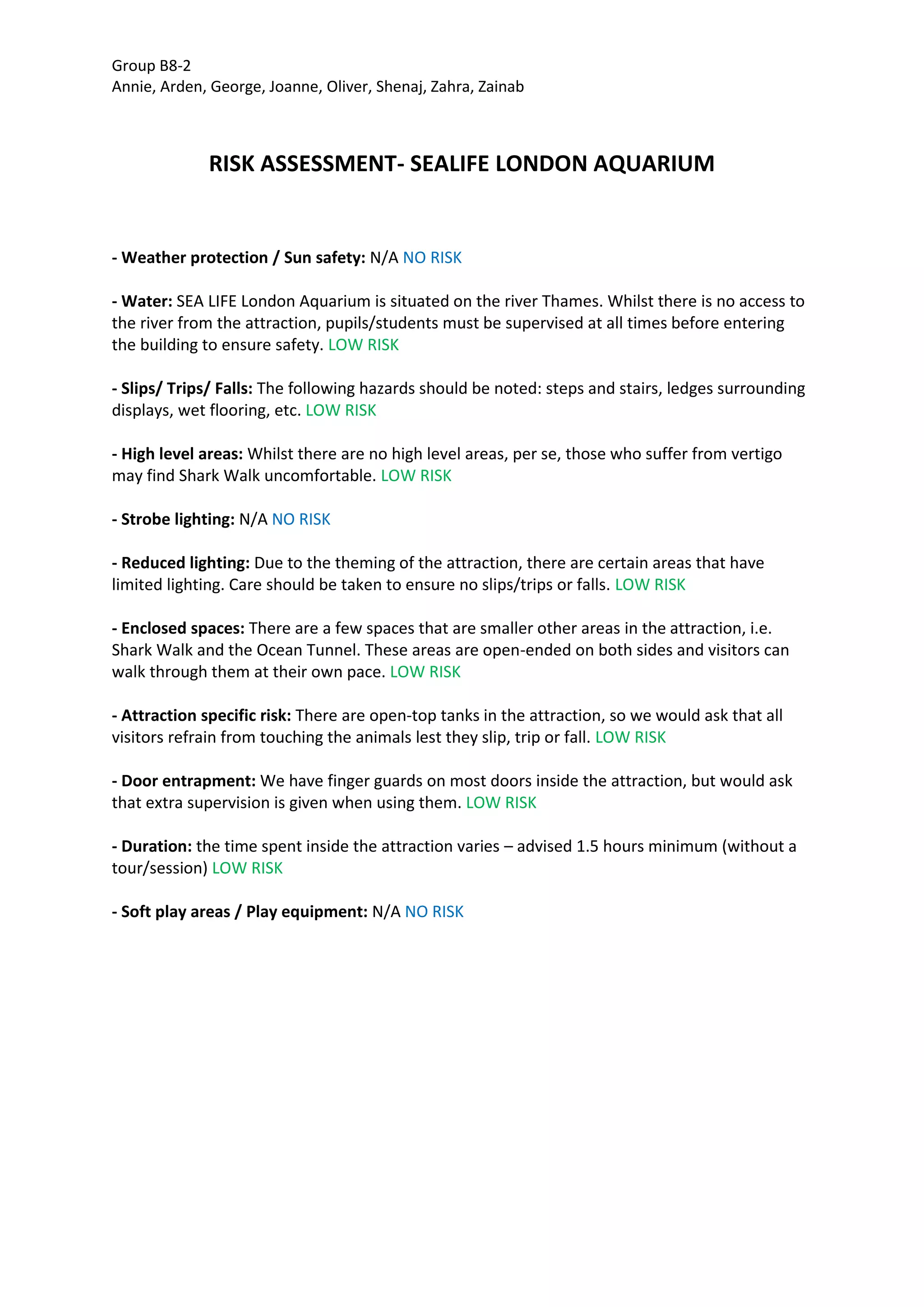 Risk assessment. london aquarium | DOCX