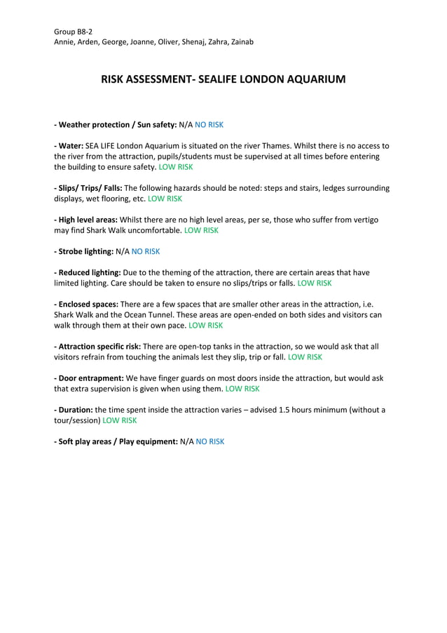 Risk assessment. london aquarium | DOCX | Zoos & Aquariums | Attractions
