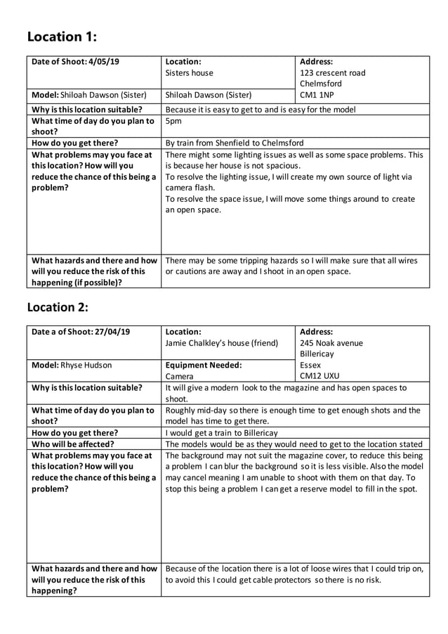 Risk assessment, location report, health and safety form | PDF