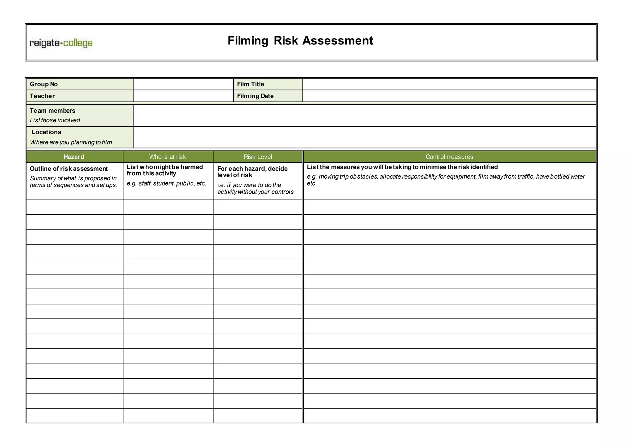 Risk assessment filming day | DOCX
