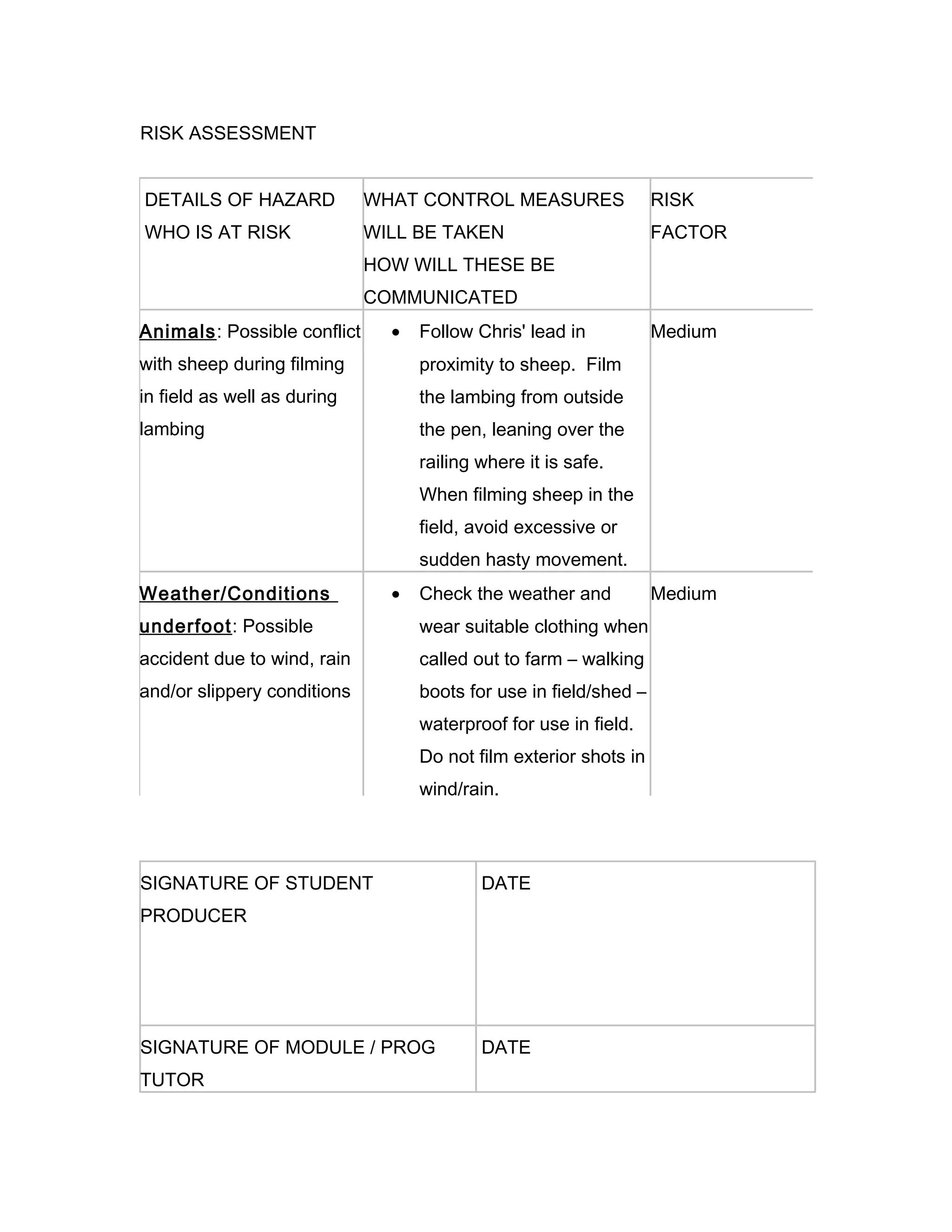 Risk assessment lambing | DOC