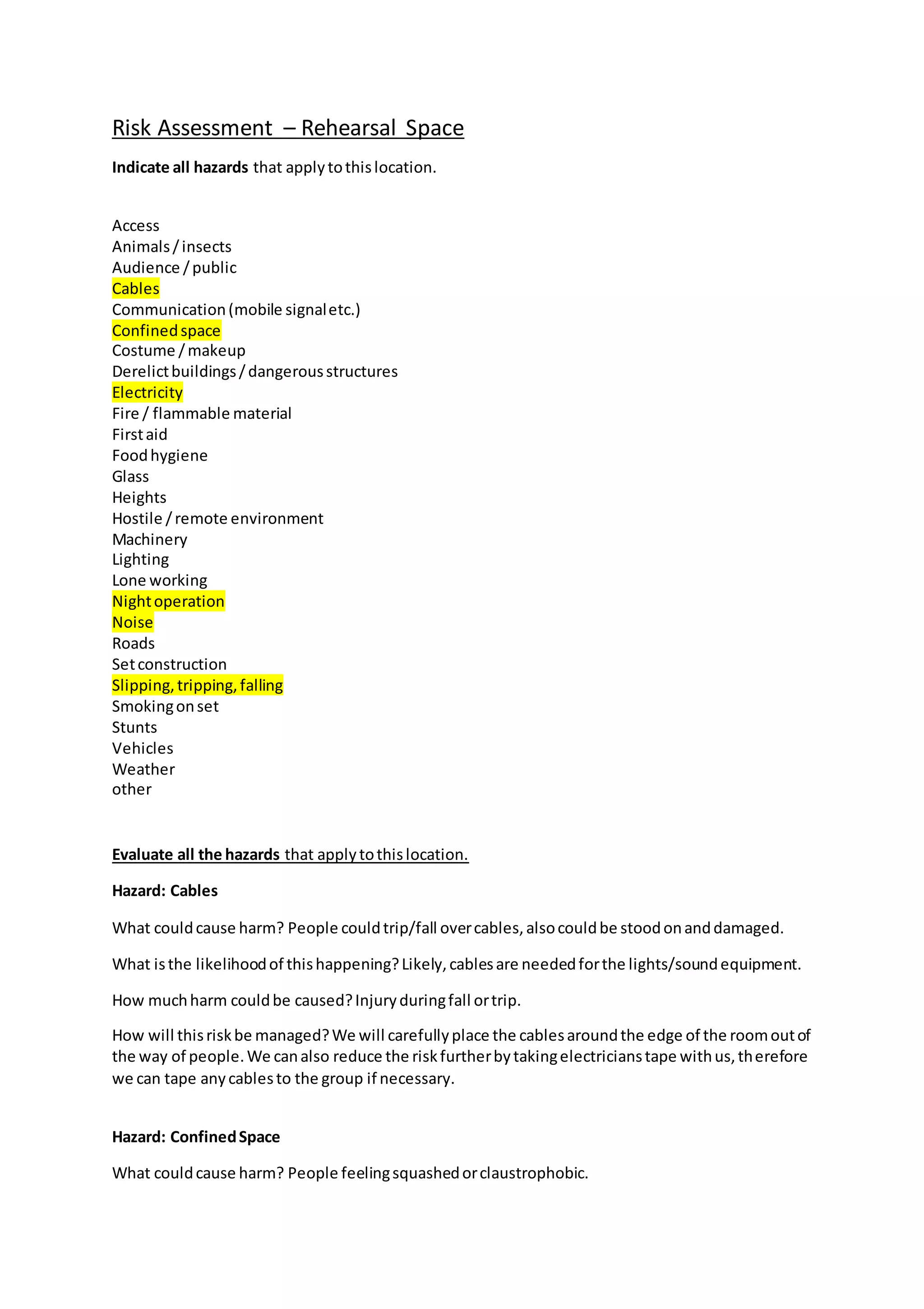 Risk Assessment - Rehearsal Space | DOCX