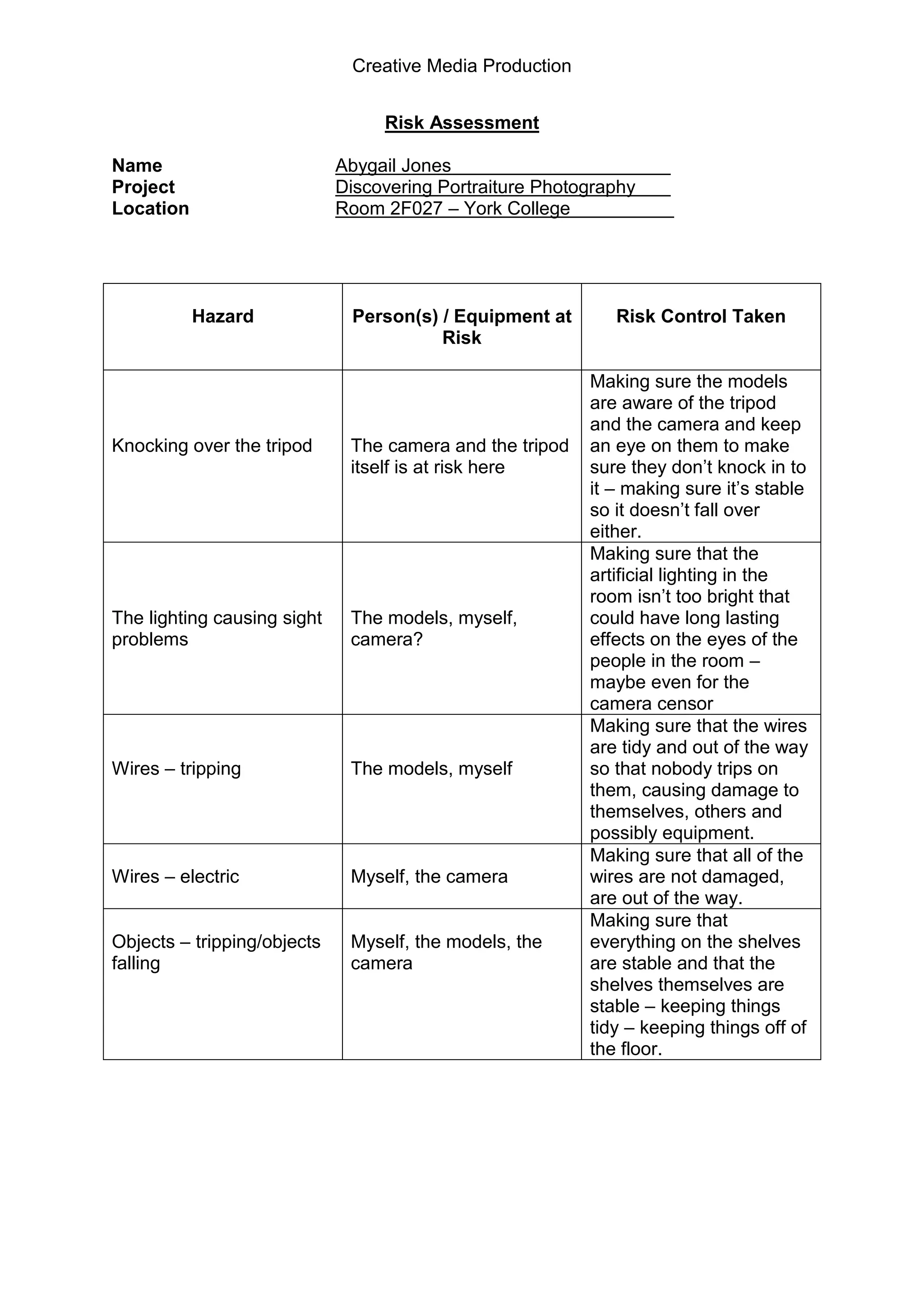 Risk assessment - room 2F067 | DOCX | Photography | Arts and Crafts