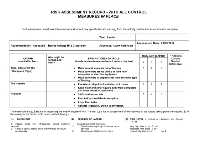 Risk assessment classroom | DOC | Death, Injury, or Military Conflict ...