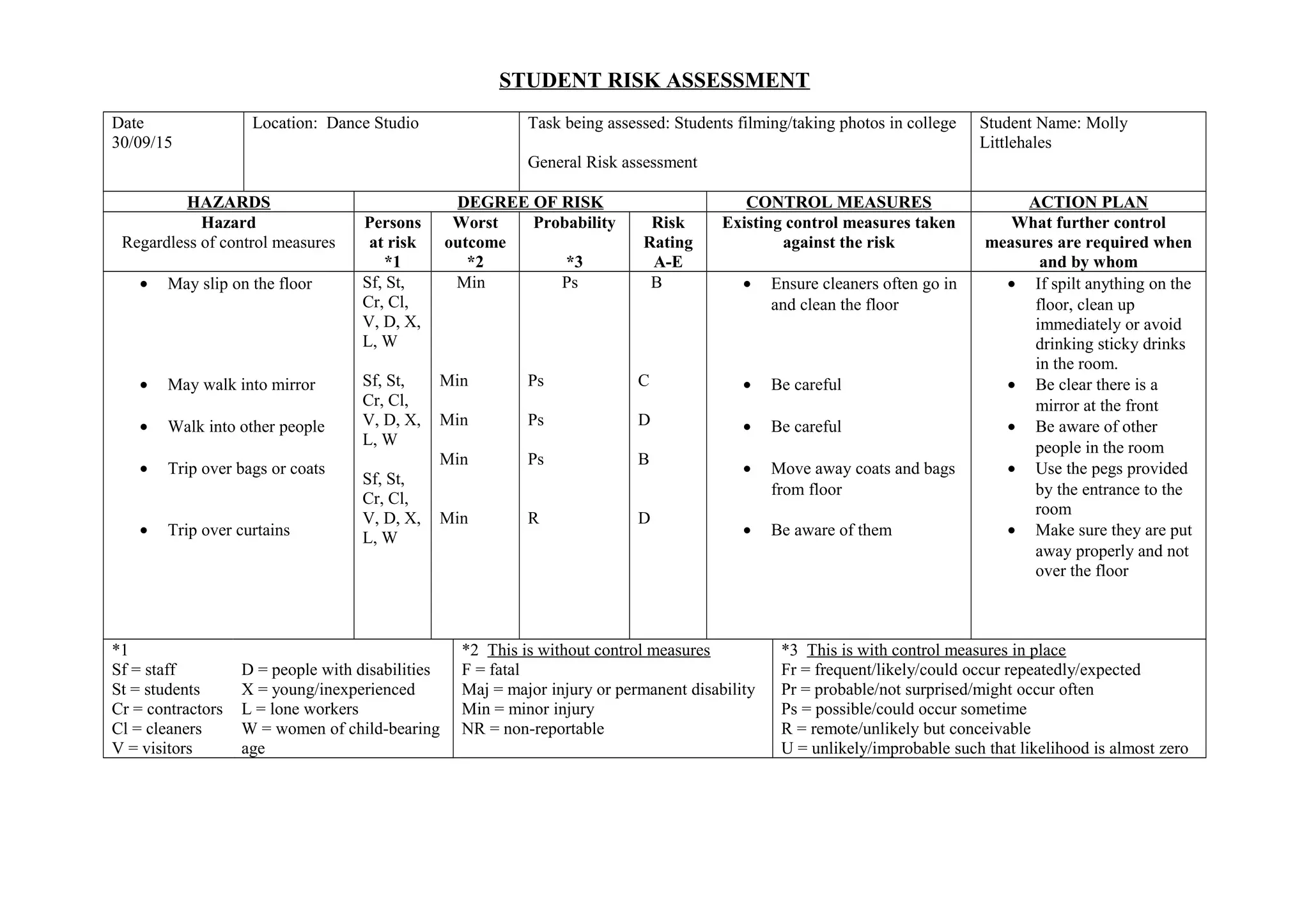Risk assessment dance studio | DOC