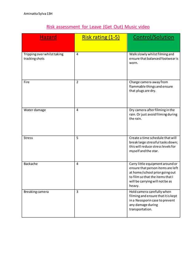 Risk assessment for music video | DOCX