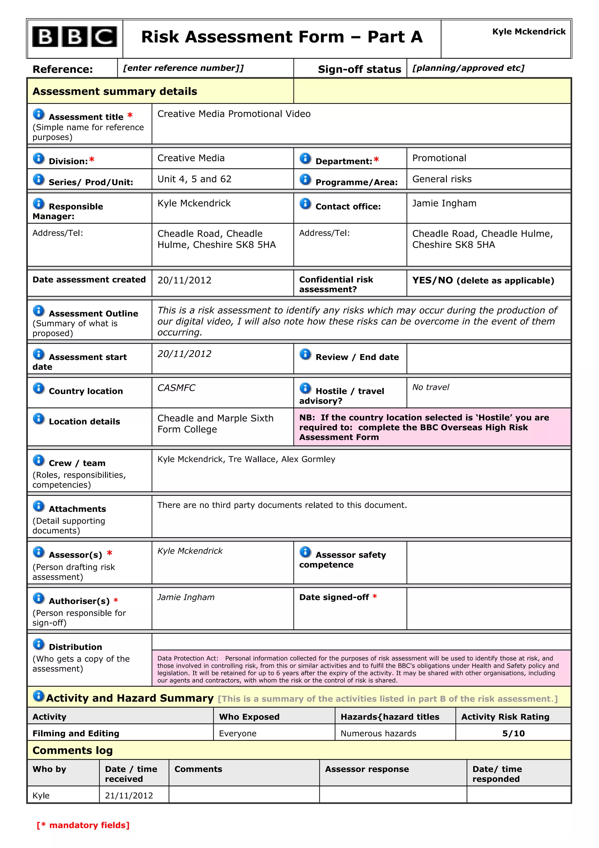 Risk assessment form | DOC