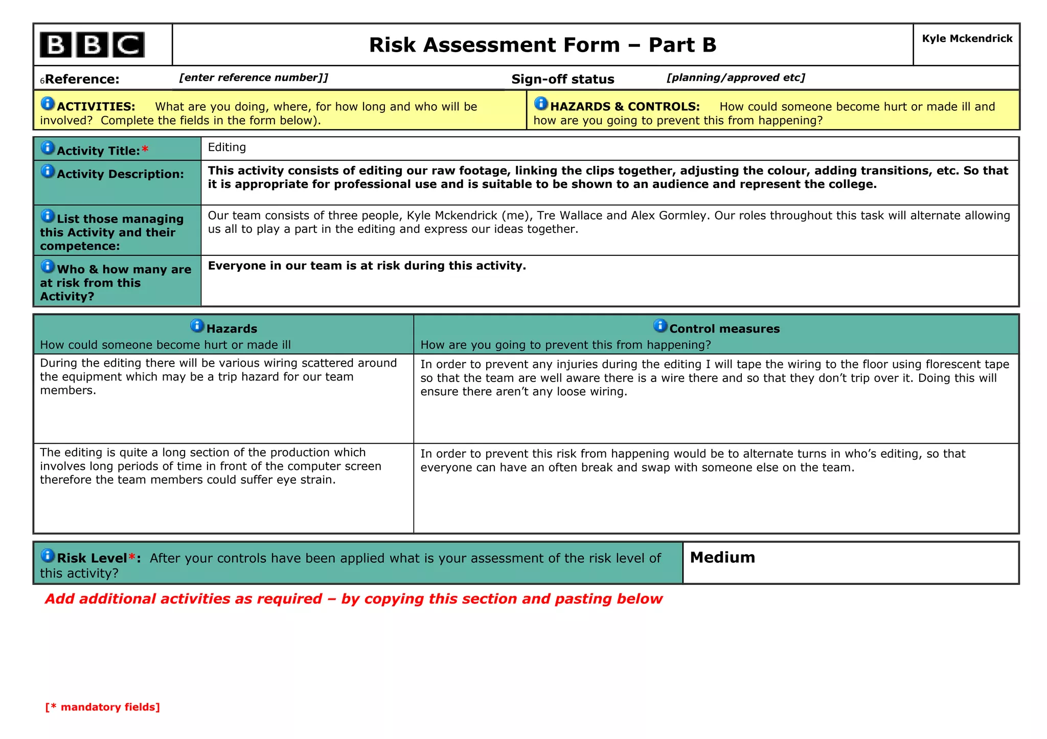 Risk assessment form | DOC