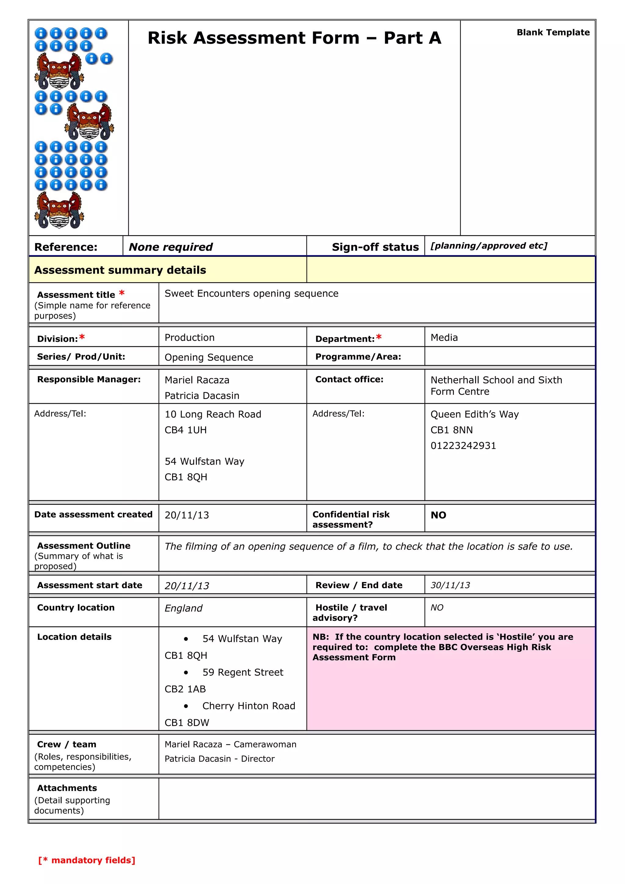 Risk Assessment Form | PDF