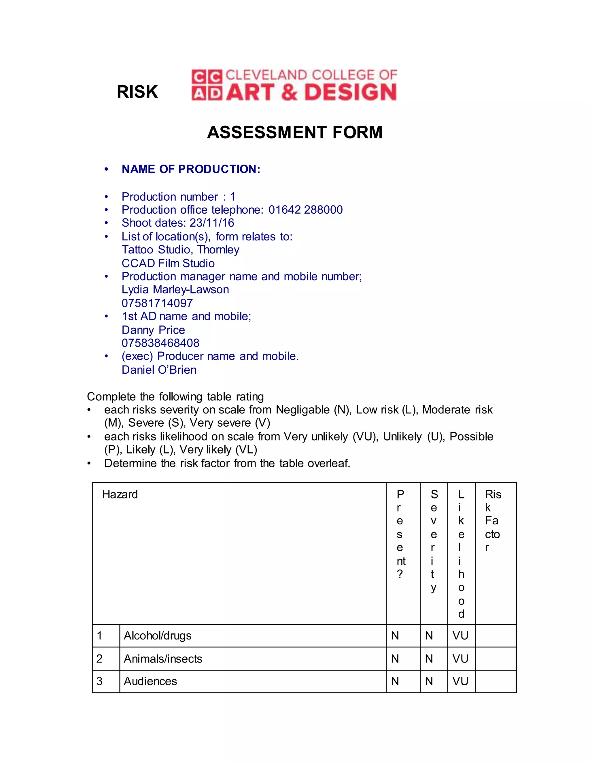 Risk assessment form | PDF