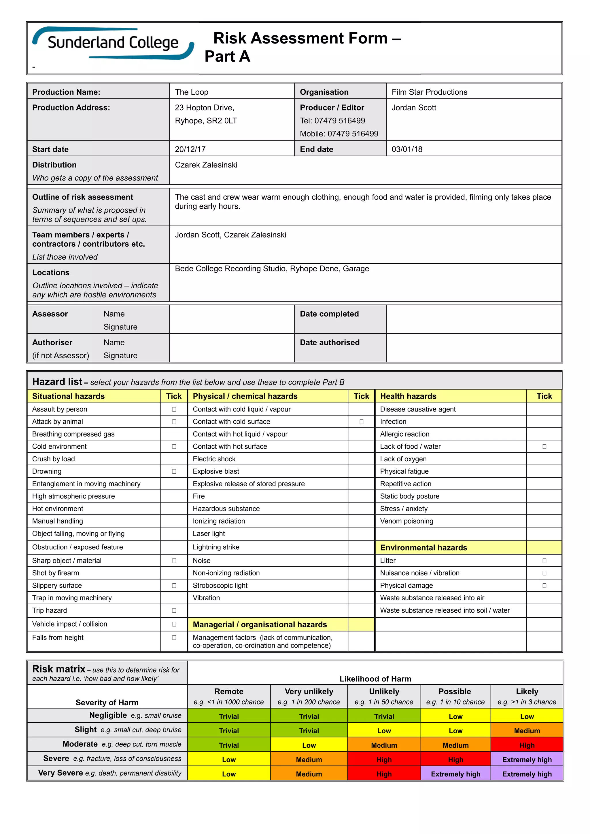 Risk assessment form again | DOC