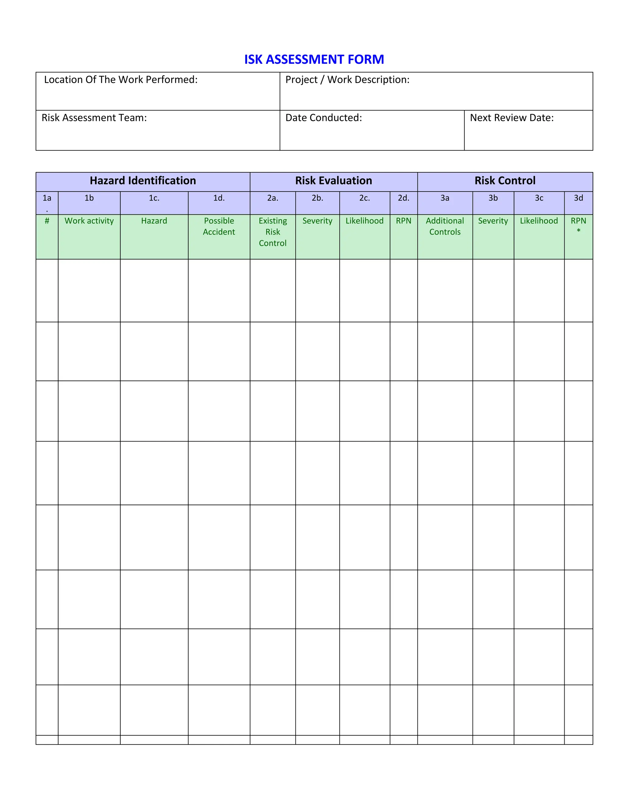 RISK ASSESSMENT FORM health and safety program - Format.pdf | Business ...