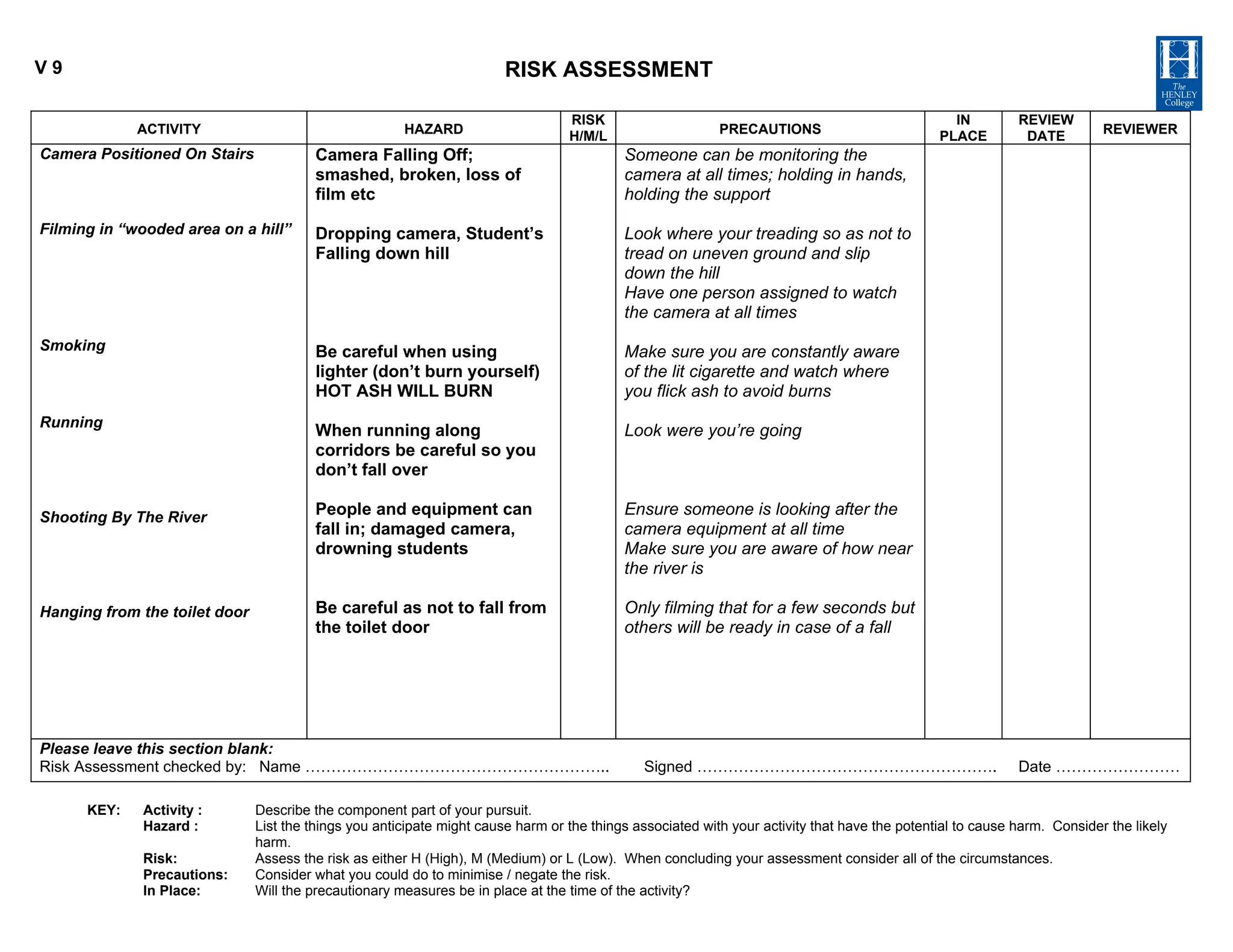 Risk assessment form complete | DOC | Video Production | Content Production