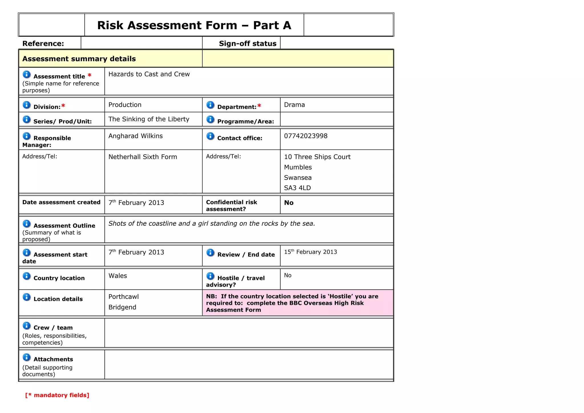 Risk Assessment Form draft 1 | DOC