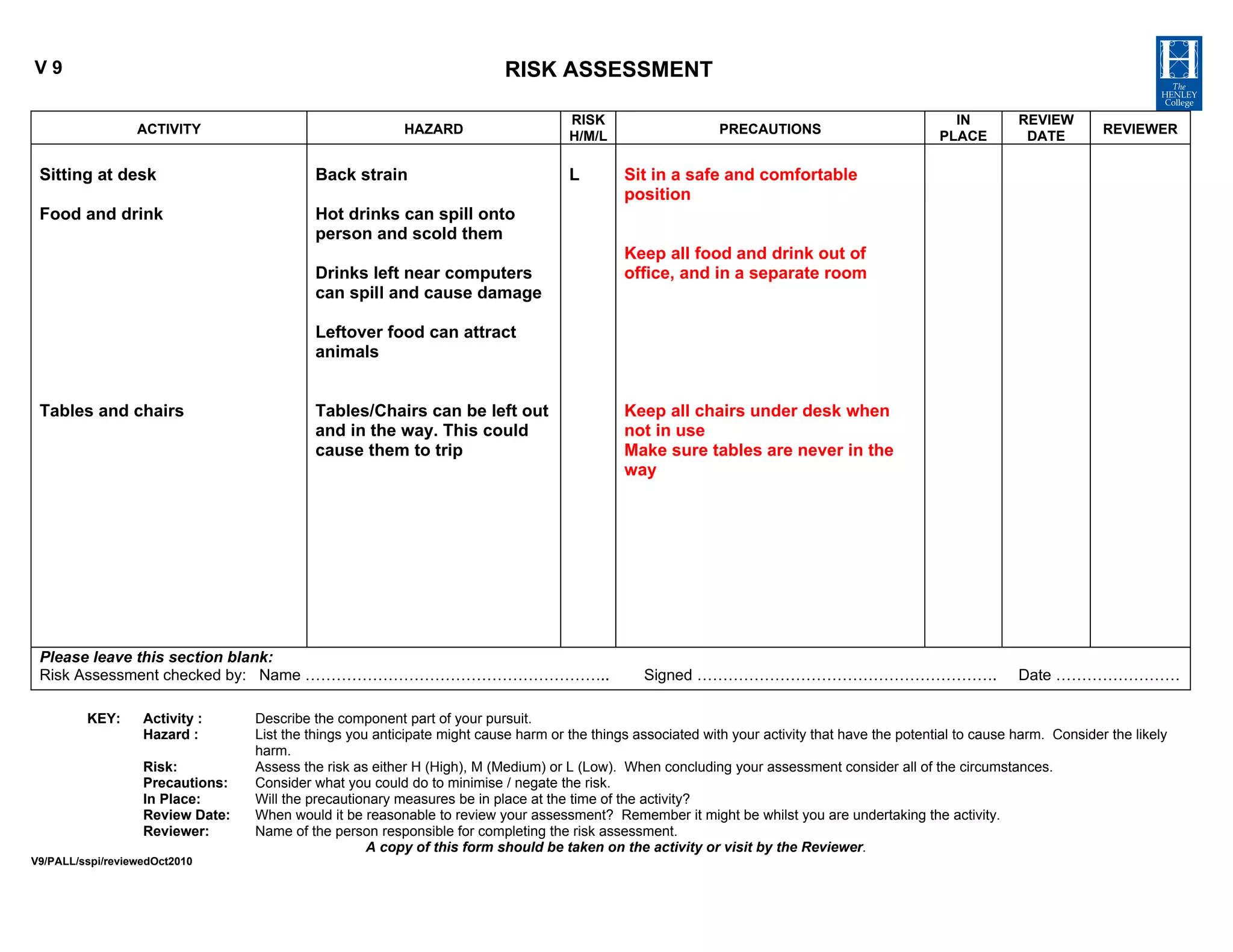 Risk assessment form - Working to a brief | DOC