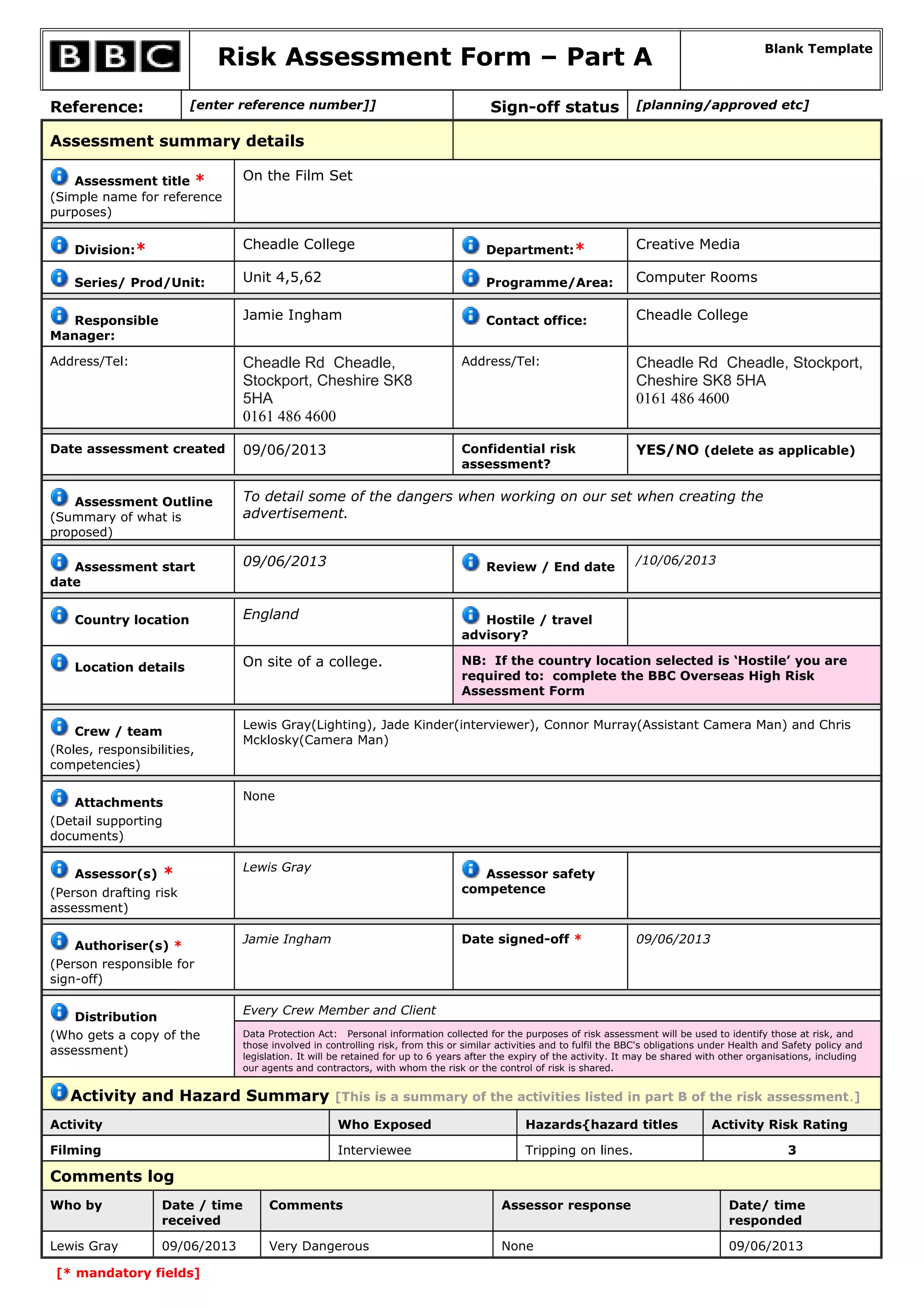 Risk assessment forn | PDF