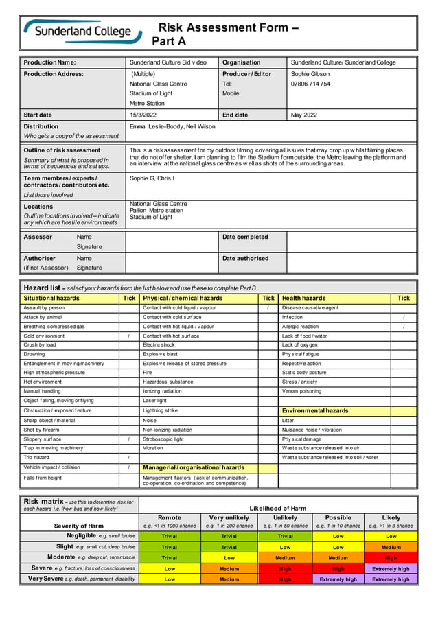 Risk Assessment Outdoor filming | DOC | First Aid | Injuries