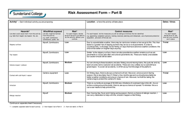 Risk Assessment Outdoor filming | DOC | First Aid | Injuries