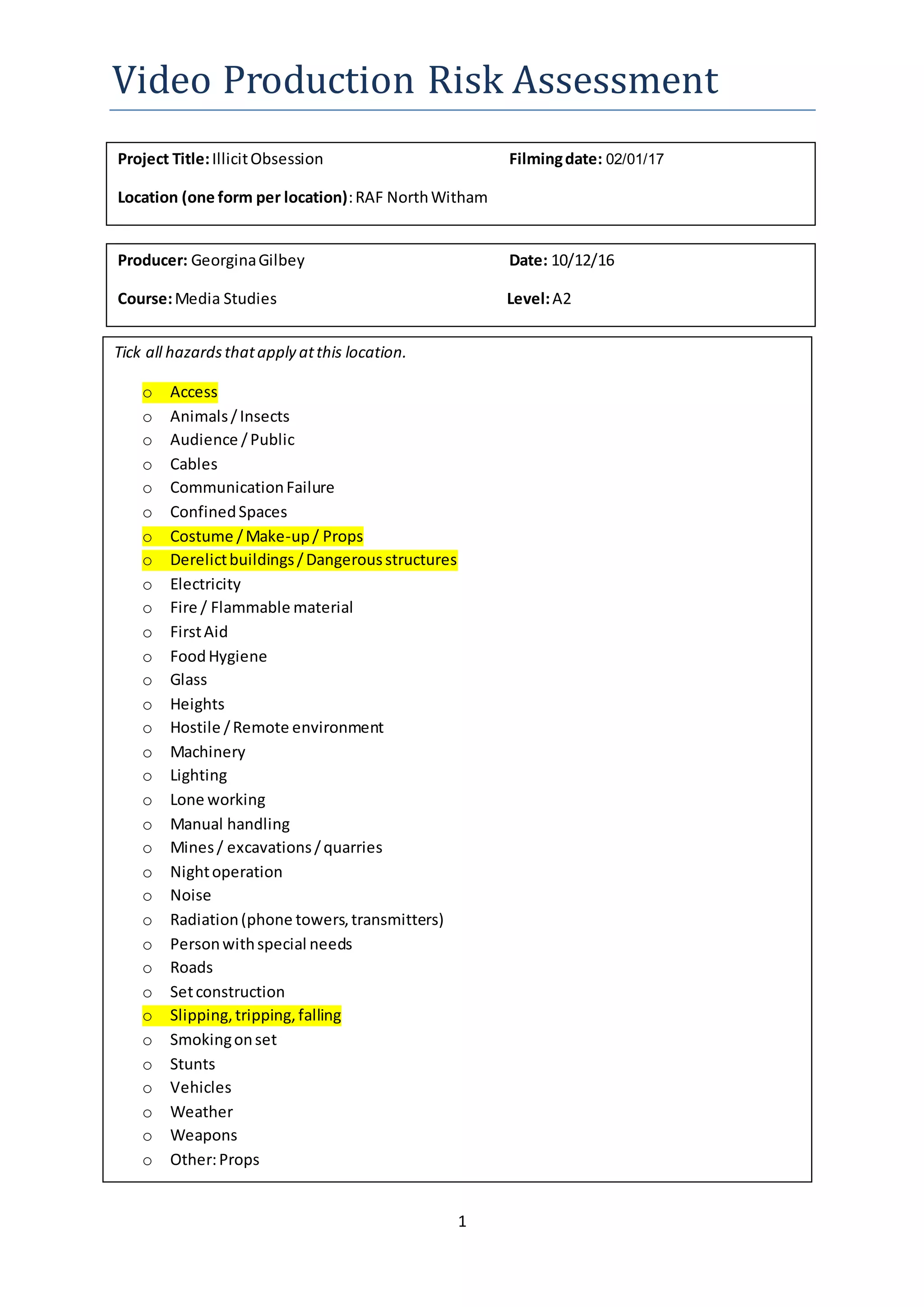 Risk Assessment RAF North Witham | DOCX | Video Production | Content ...