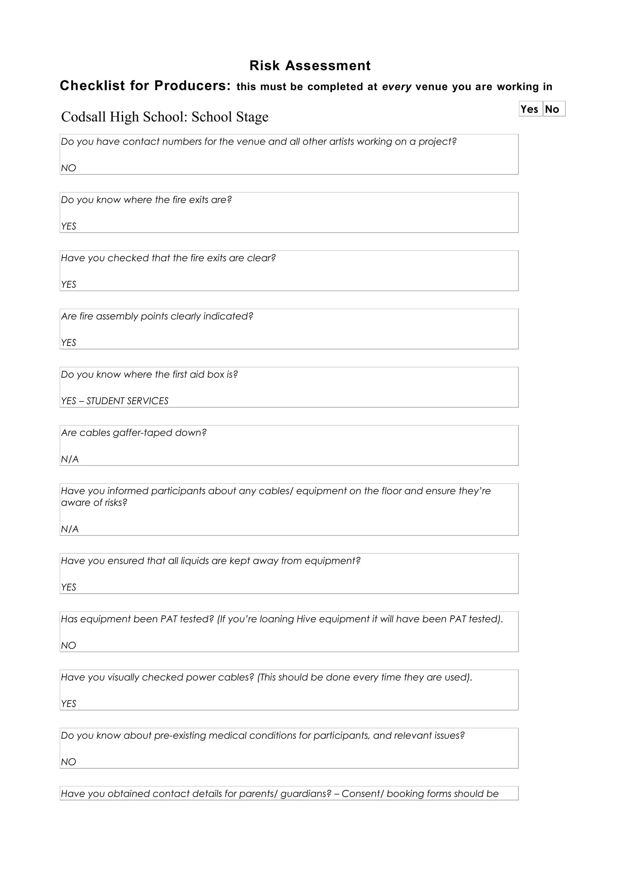 Risk assessment school stage | DOC | First Aid | Injuries