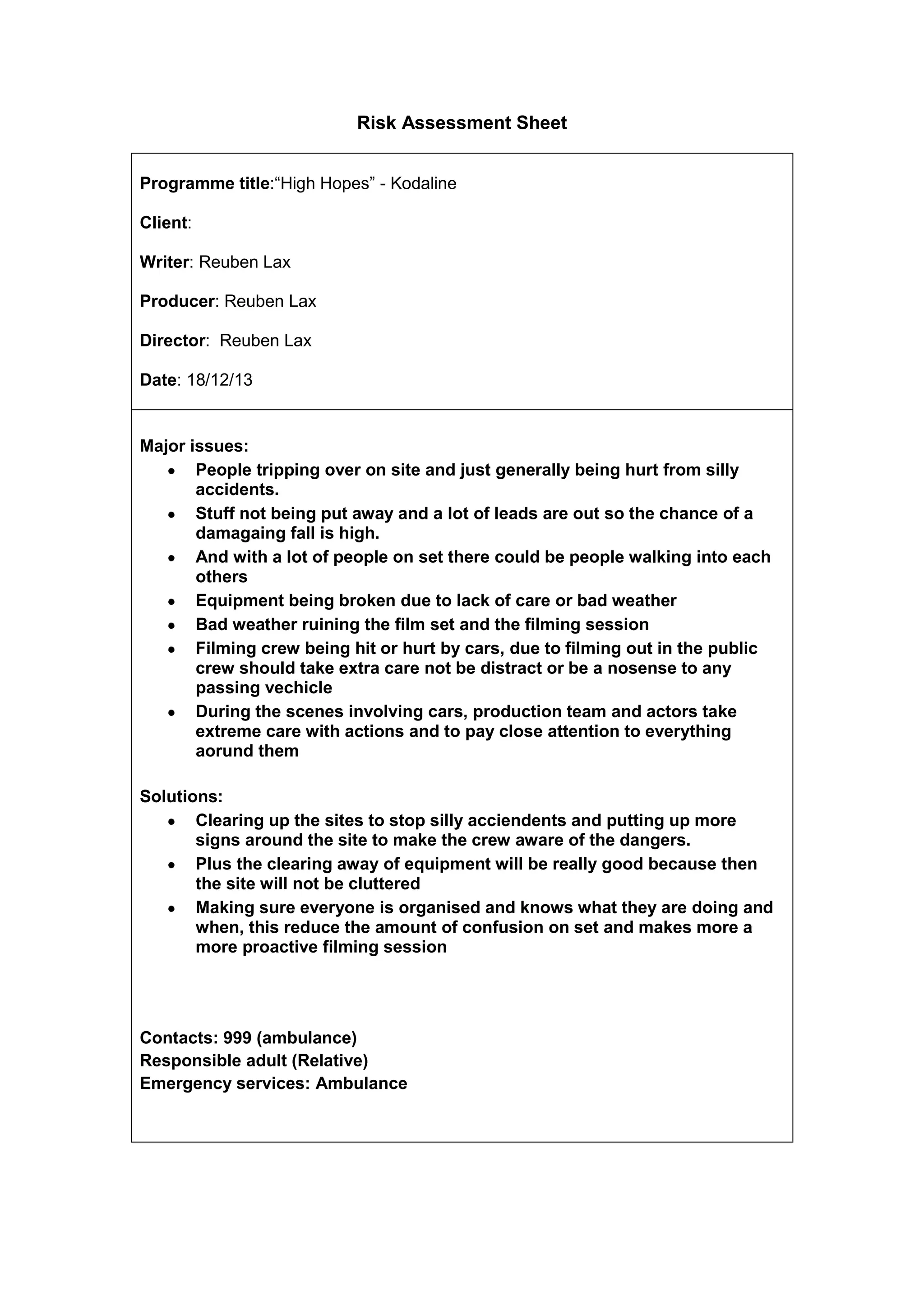 Risk assessment sheet | PDF