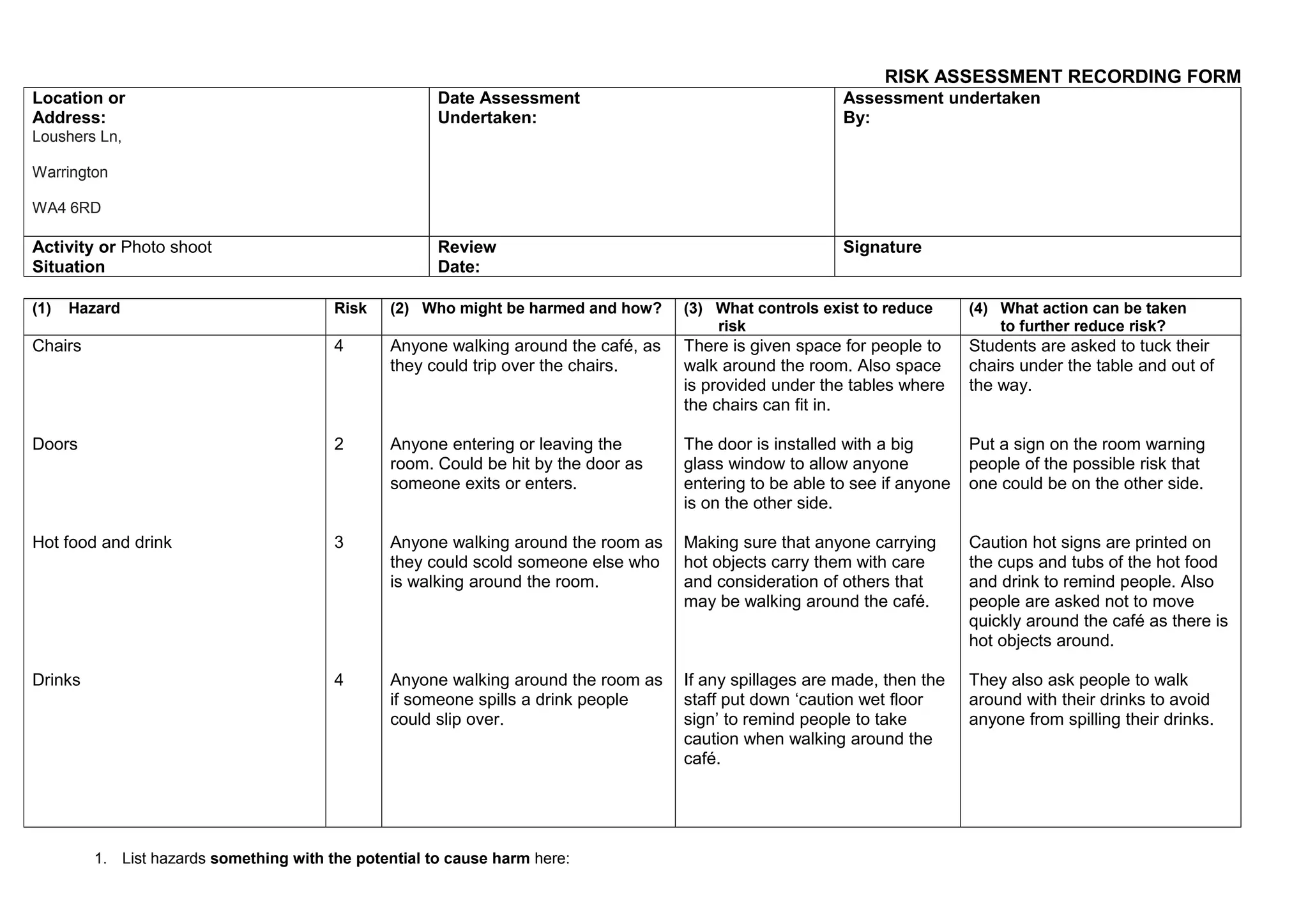 Risk assessment template crescent cafe | DOC