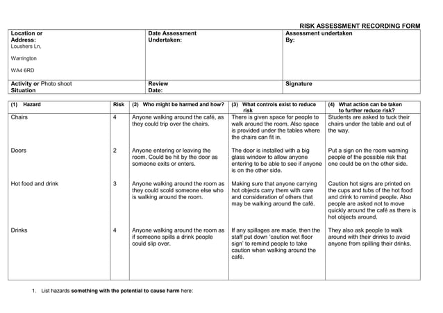 Risk assessment template crescent cafe | DOC