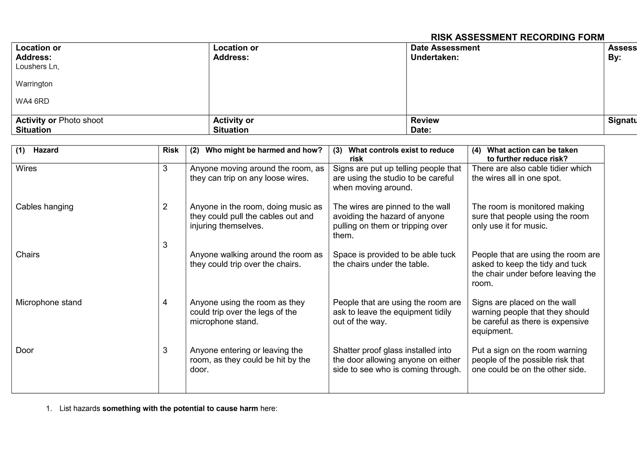 Risk assessment template music studio | DOC