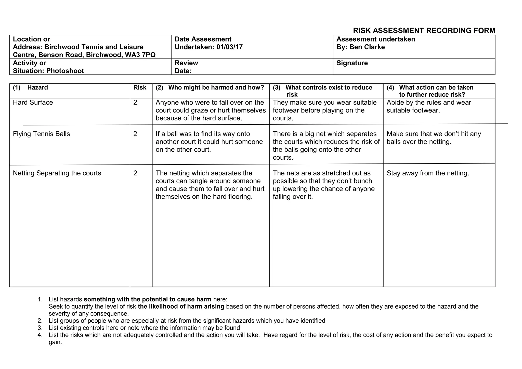 Risk assessment (tennis centre) | DOC