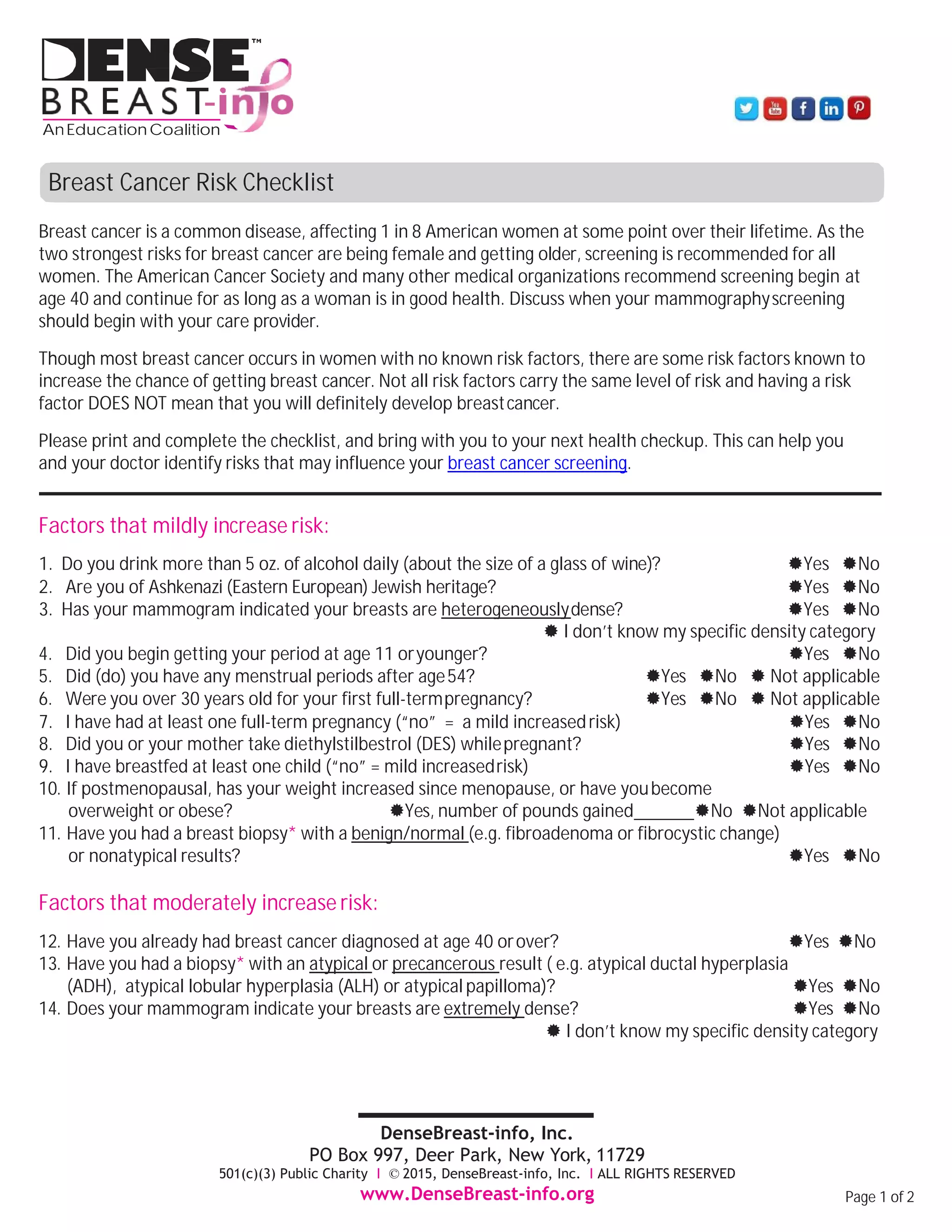 Dense Breast Patient Risk checklist | PDF | Cancer | Diseases and ...