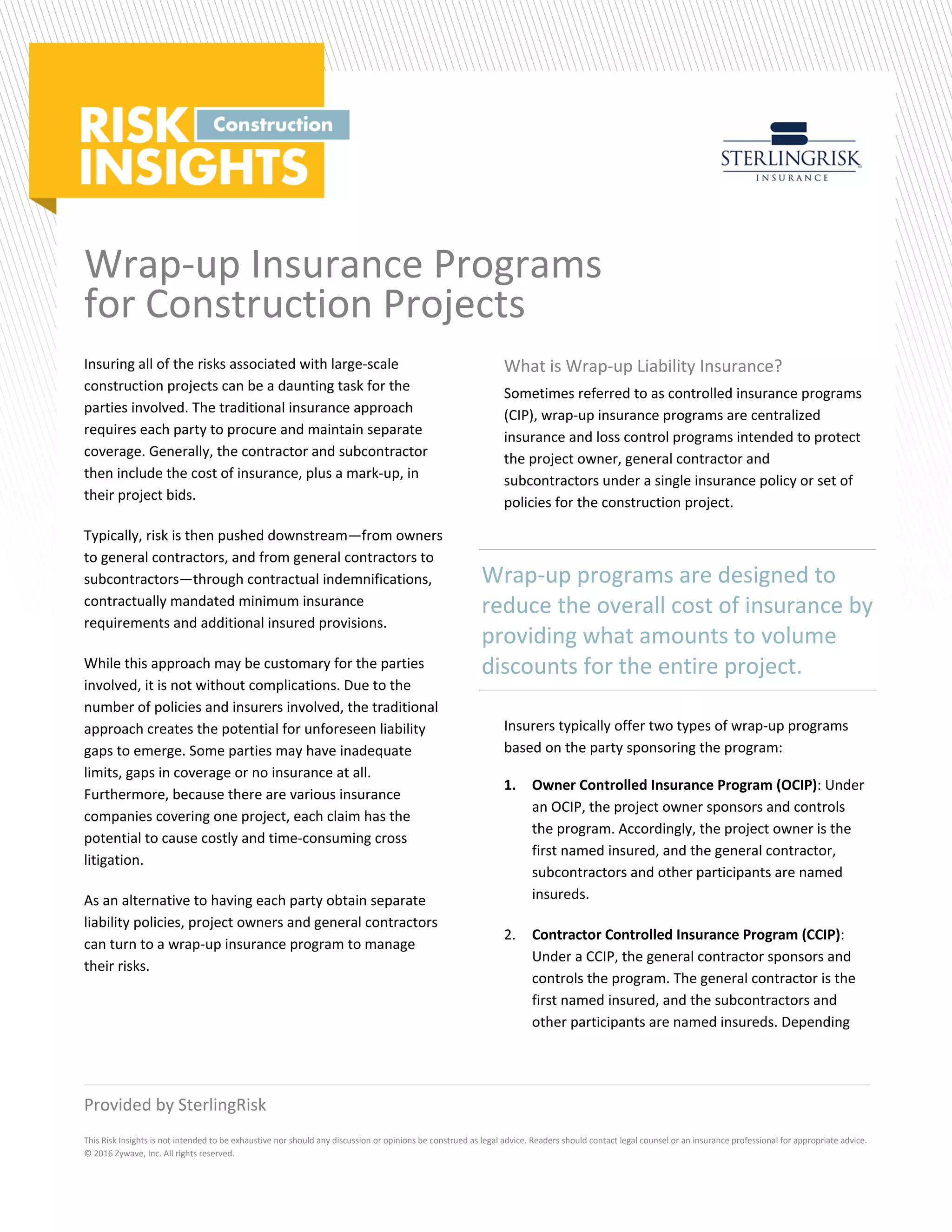 Risk Insights - Wrap-up Insurance Programs for Construction Projects | PDF