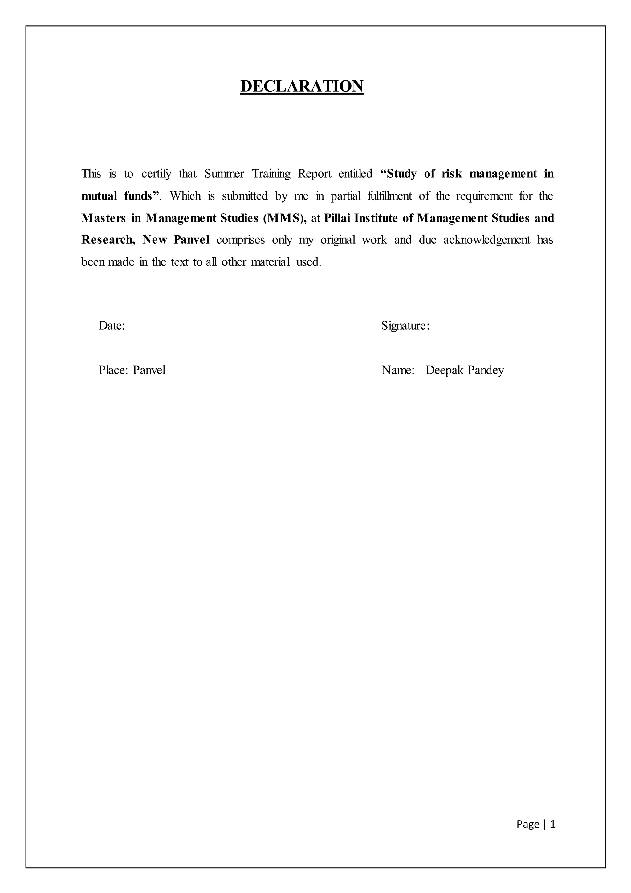 Risk management in mutual fund | DOCX