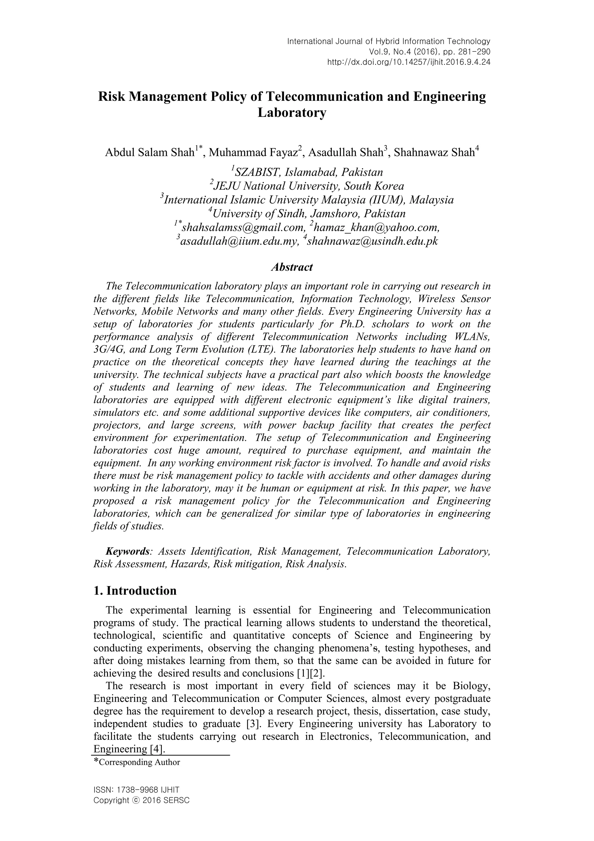 Risk management of telecommunication and engineering laboratory | PDF